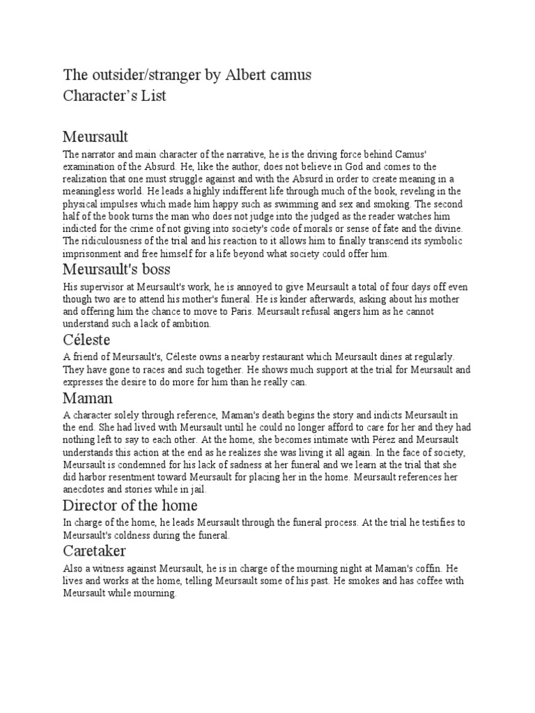 Characters in Camus' The Outsider | PDF | Funeral | Violence