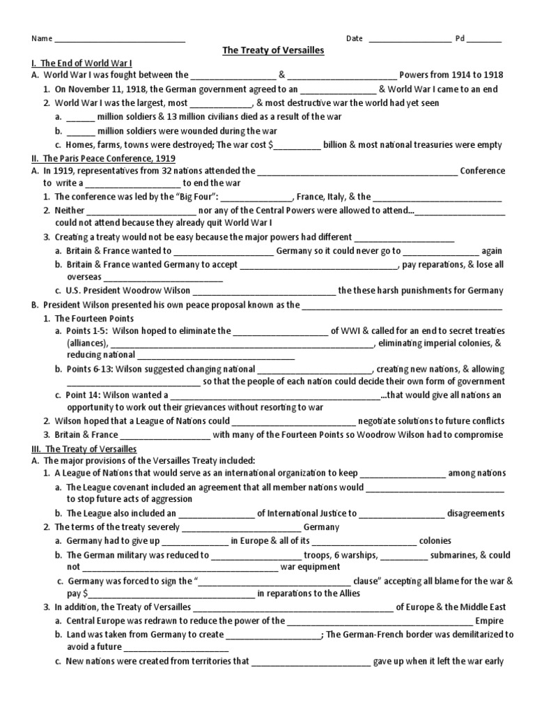 Treaty of Versailles Cloze Notes | PDF | Treaty Of Versailles | World War I