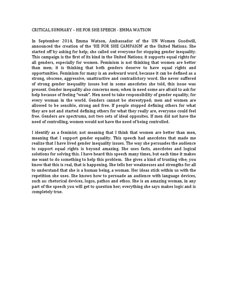 Emma Watson's HeForShe Speech Summary | PDF | Social Science