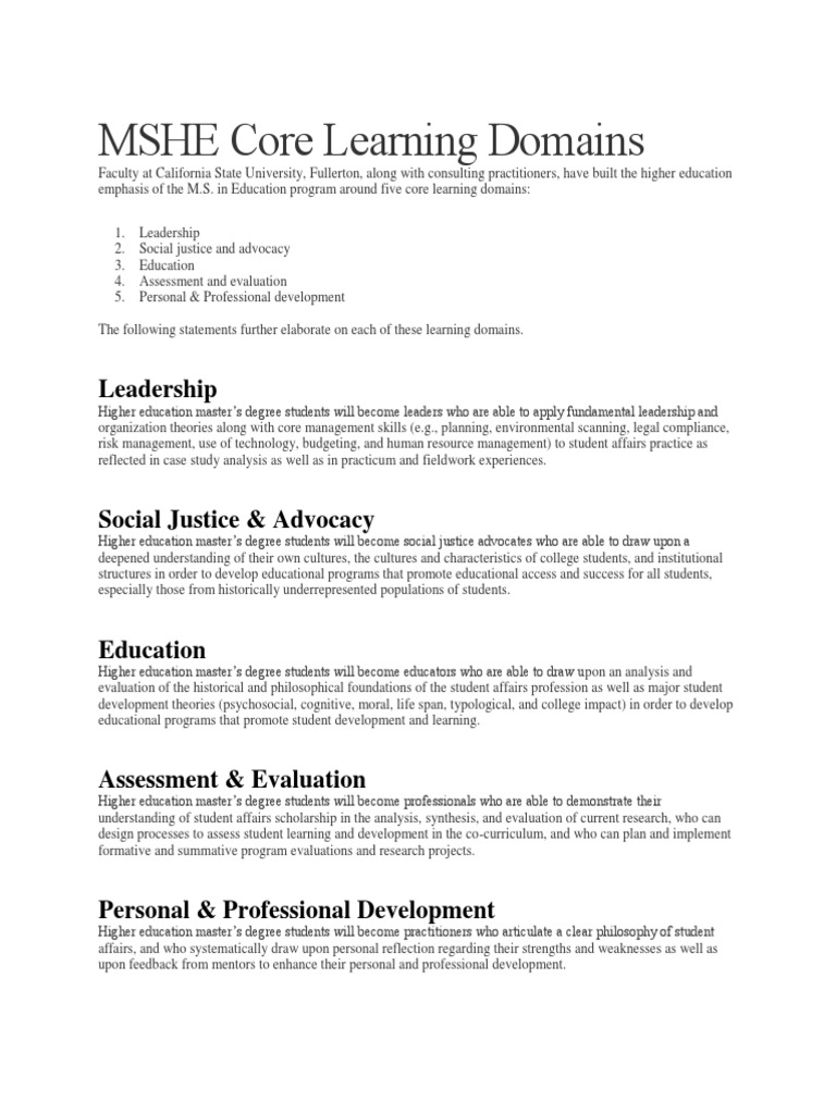 Mshe Core Learning Domains | PDF | Student Affairs | Leadership