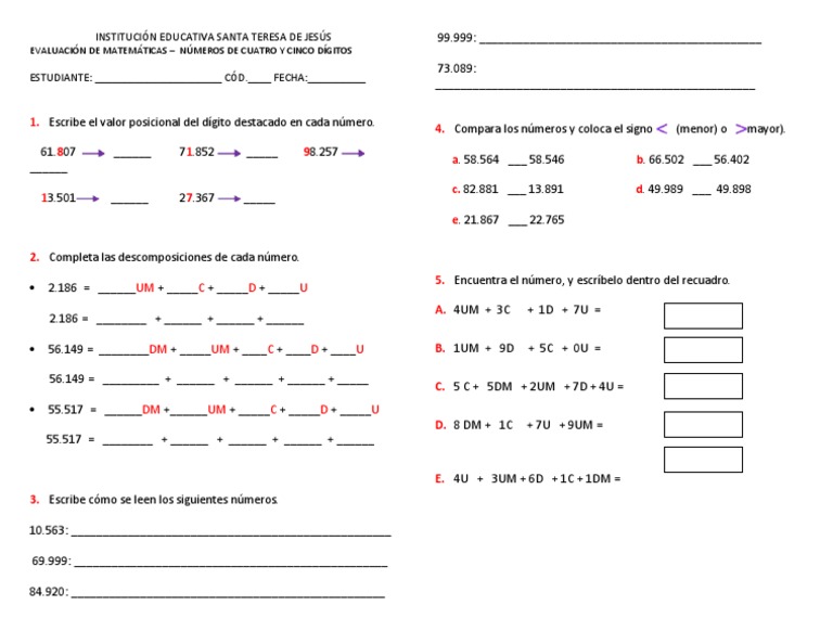 Evaluación de Números de 4 y 5 Dígitos | PDF