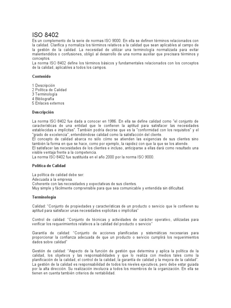 Iso 8402 | PDF | Gestión de la calidad | Calidad (comercial)
