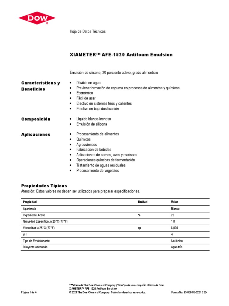 00.FT 95 858 05 Xiameter Afe 1520 Antifoam Emulsion | PDF | Emulsión ...