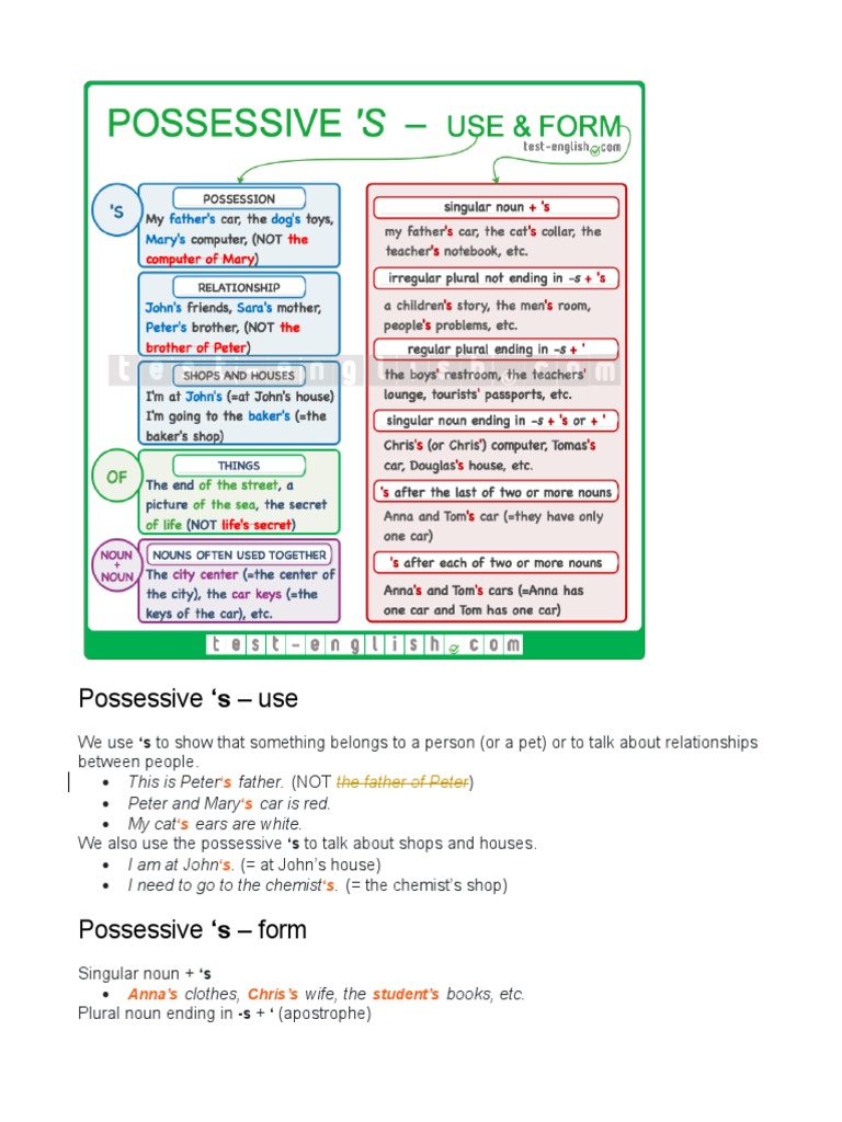 Possessive 's' Guide for ESL Learners | PDF