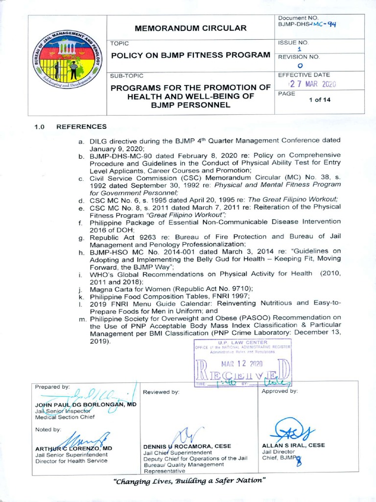 MC-94 03.27.2020 Policy On BJMP Fitness Program | PDF