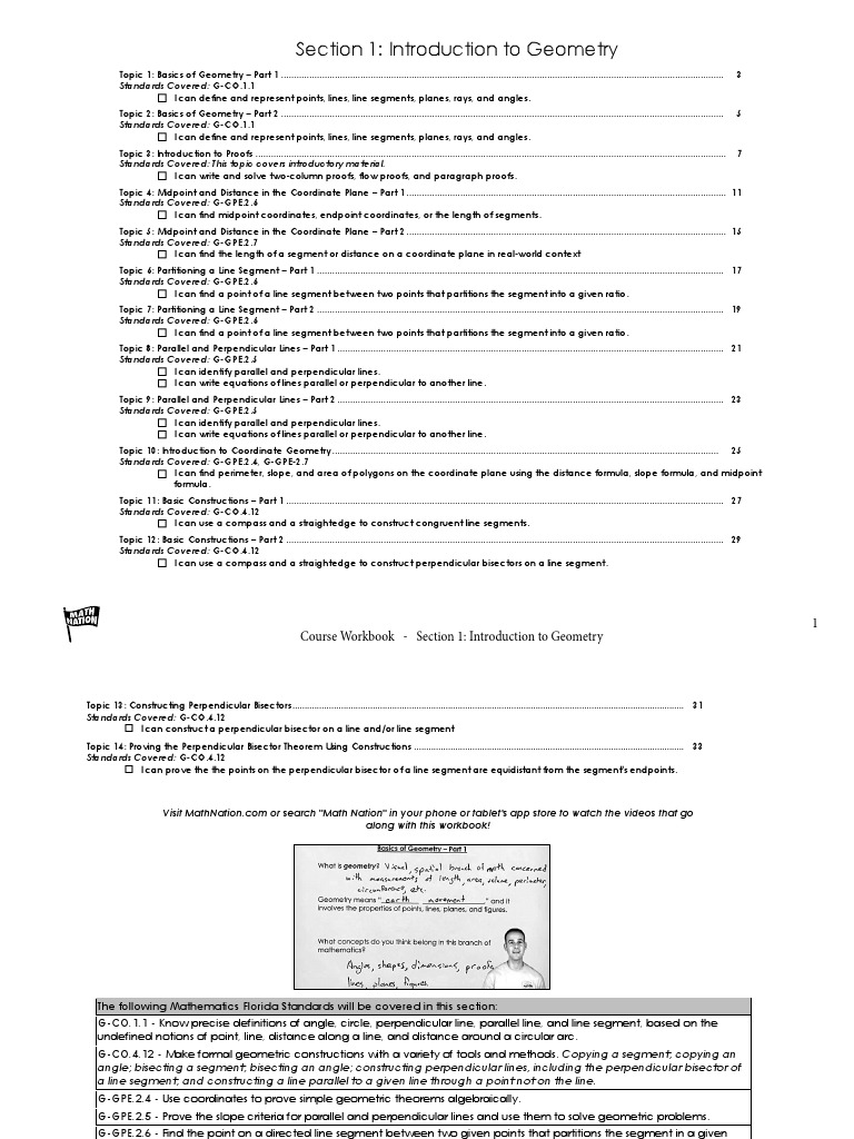Section 1 Introduction To Geometry Workbook Pdf Line Geometry Perpendicular