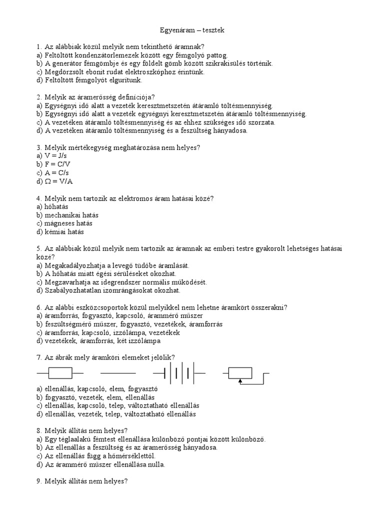 Egyenáram Tesztek. 3. Melyik Mértékegység Meghatározása Nem Helyes - A ...