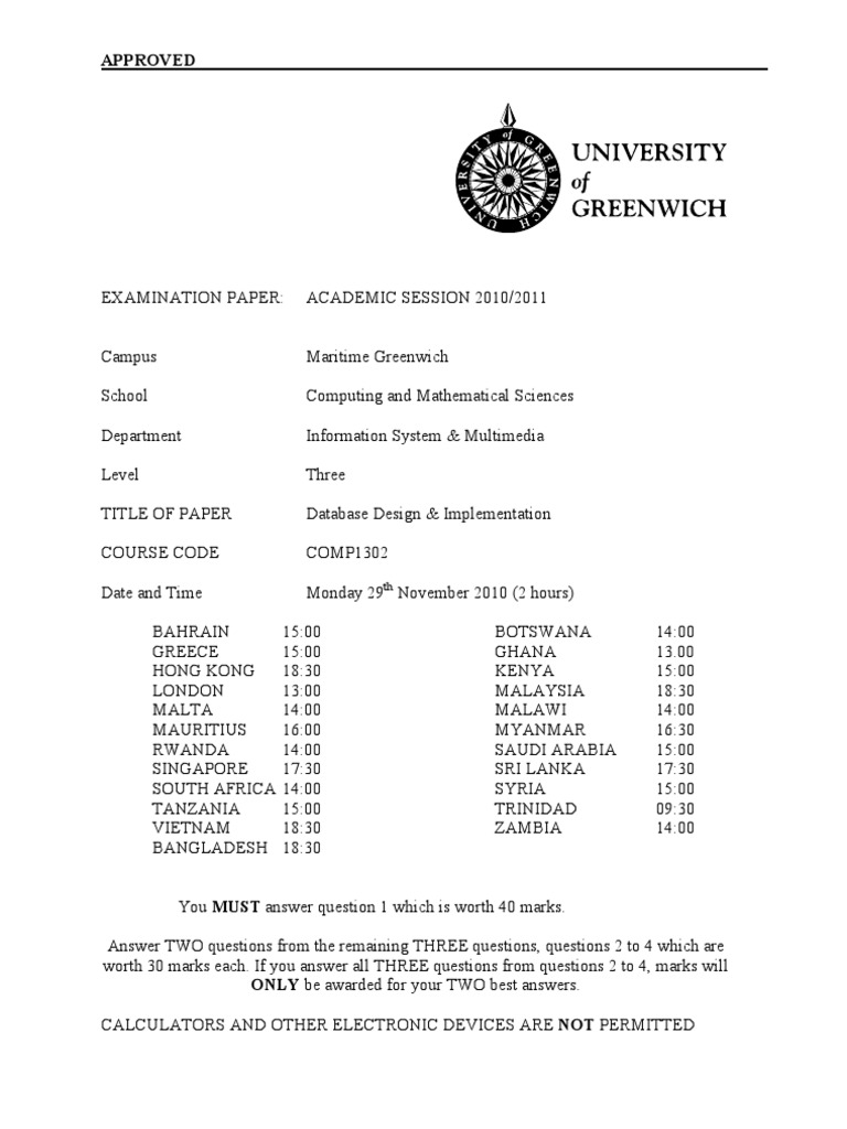 Database Design And Implementation Exam December 2010 Uk University