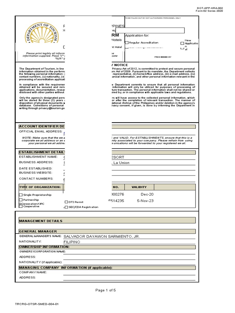 DOT Application Form for Hotel Accreditation | PDF | Information ...