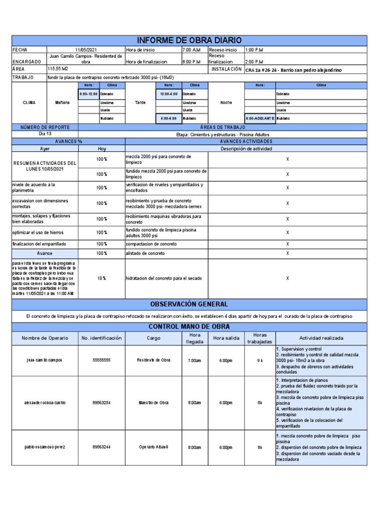 Informe Diario de Obra | PDF | Material compuesto | Hormigón