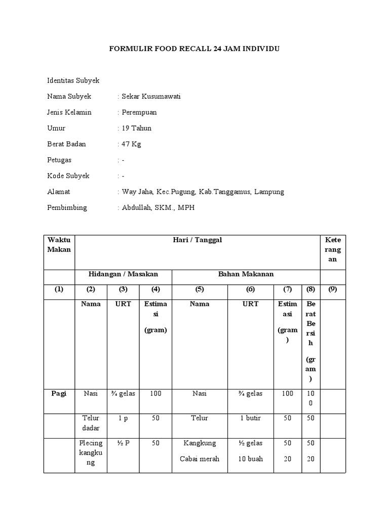 Individual 24-Hour Food Recall Form | PDF