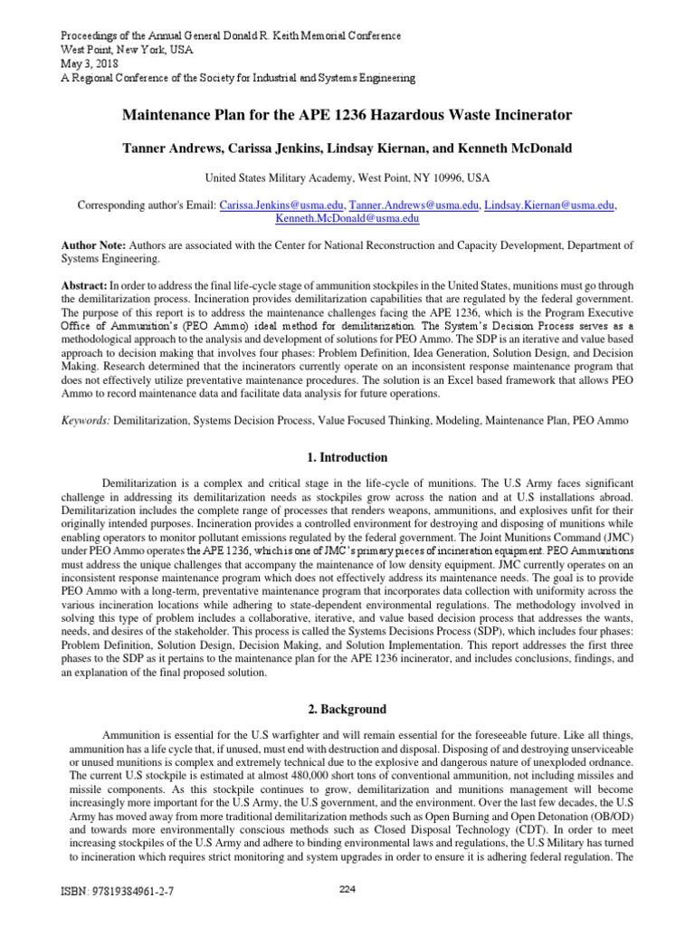 Maintenance Plan For The APE 1236 Hazardous Waste Incinerator | PDF ...