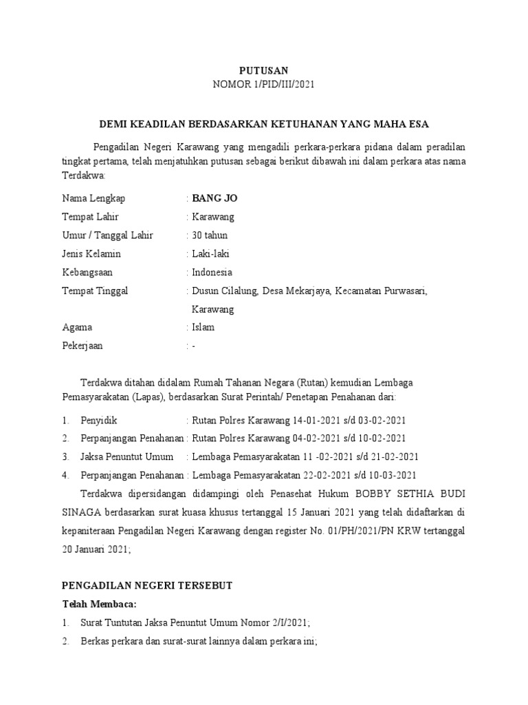 Draf Contoh Putusan Hakim Tingkat Pertama | PDF