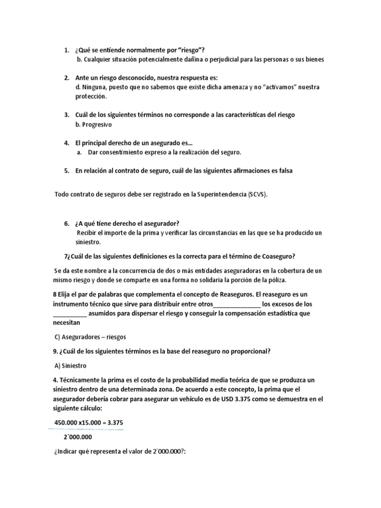 Cuestionatio Examen Seguros | PDF | Reaseguro | Póliza de seguros