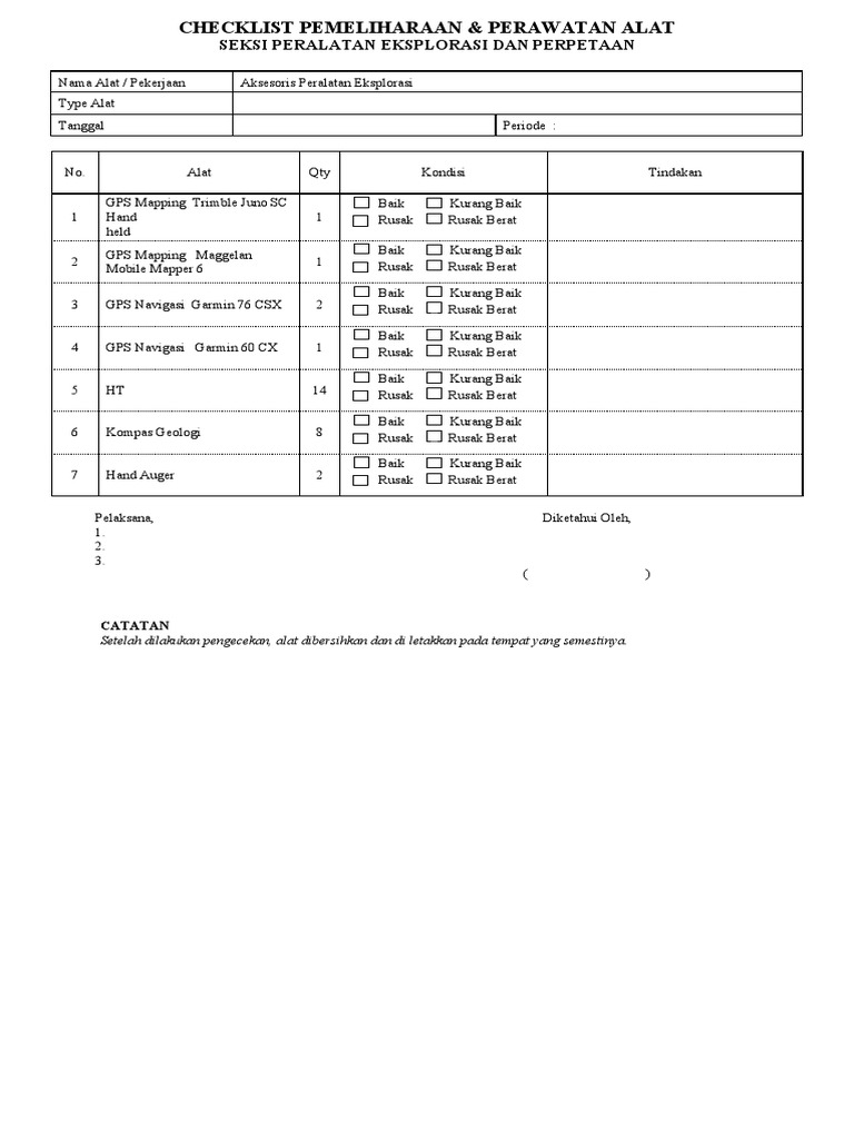 Contoh Checklist Pemeliharaan Alat - Aksesoris | PDF