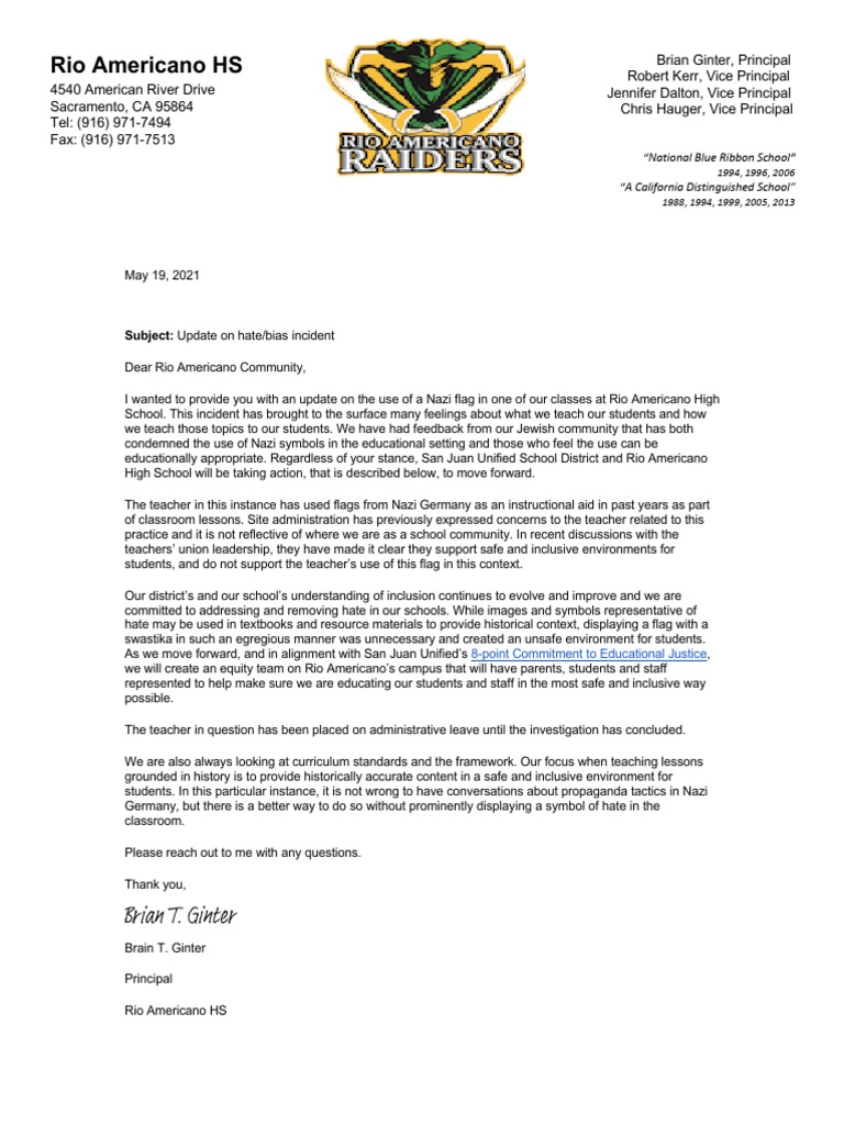 Rio Americano Flag Letter Update | PDF | Inclusion (Education) | Teachers