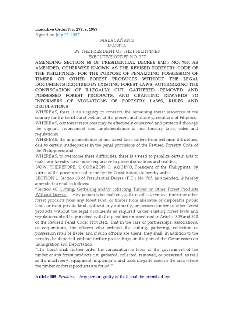 Amending Forestry Code: EO 277, 1987 | PDF | Theft | Forestry