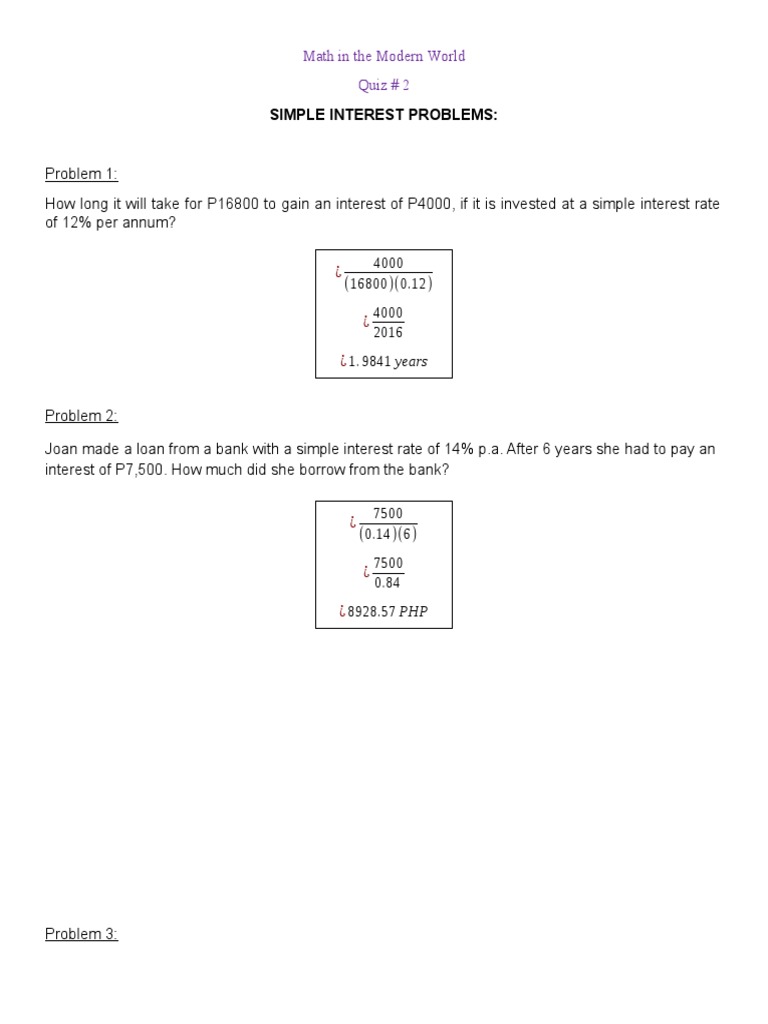 Math in The Modern World, Simple and Compound Interest Quiz | PDF ...