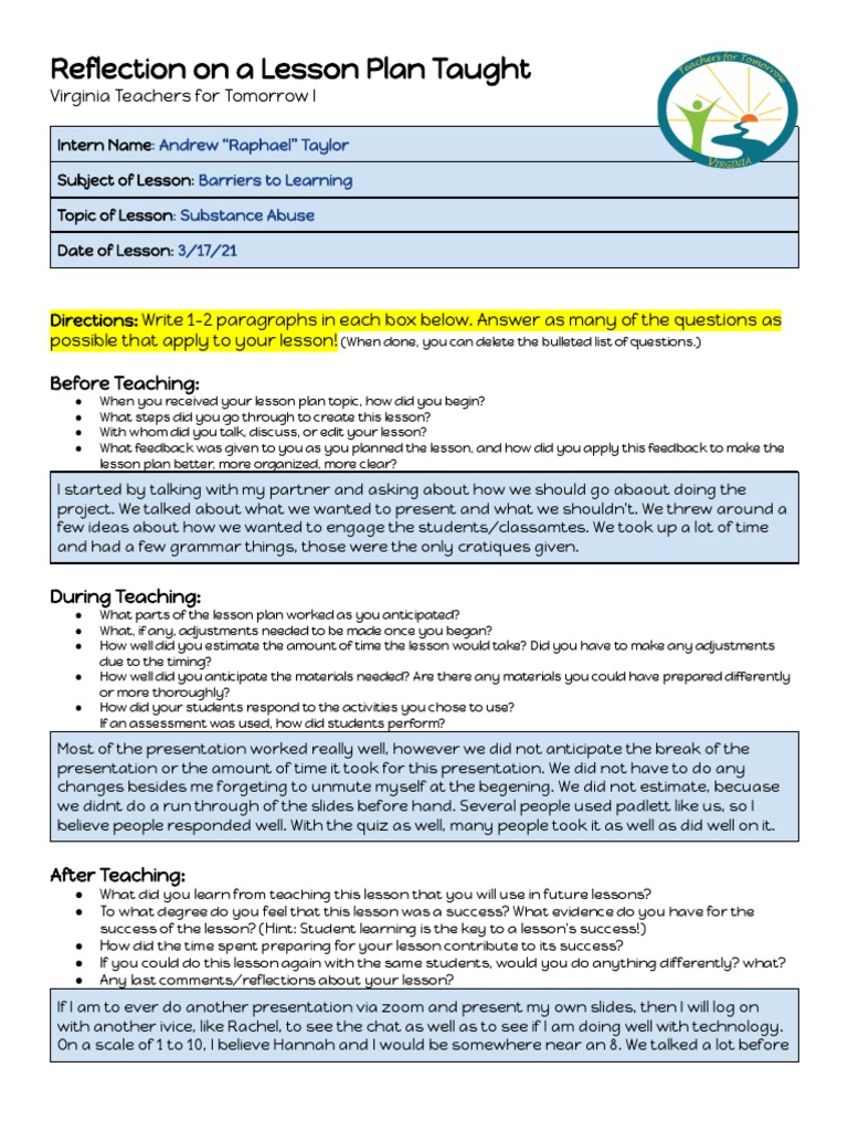 Raphael Taylor - Barrier Mini-Lesson Reflection On Teaching - 3177350 | PDF | Lesson Plan ...