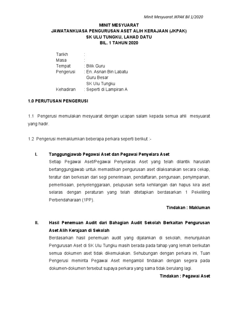 Minit Mesyuarat JKPAK Bil 1 | PDF