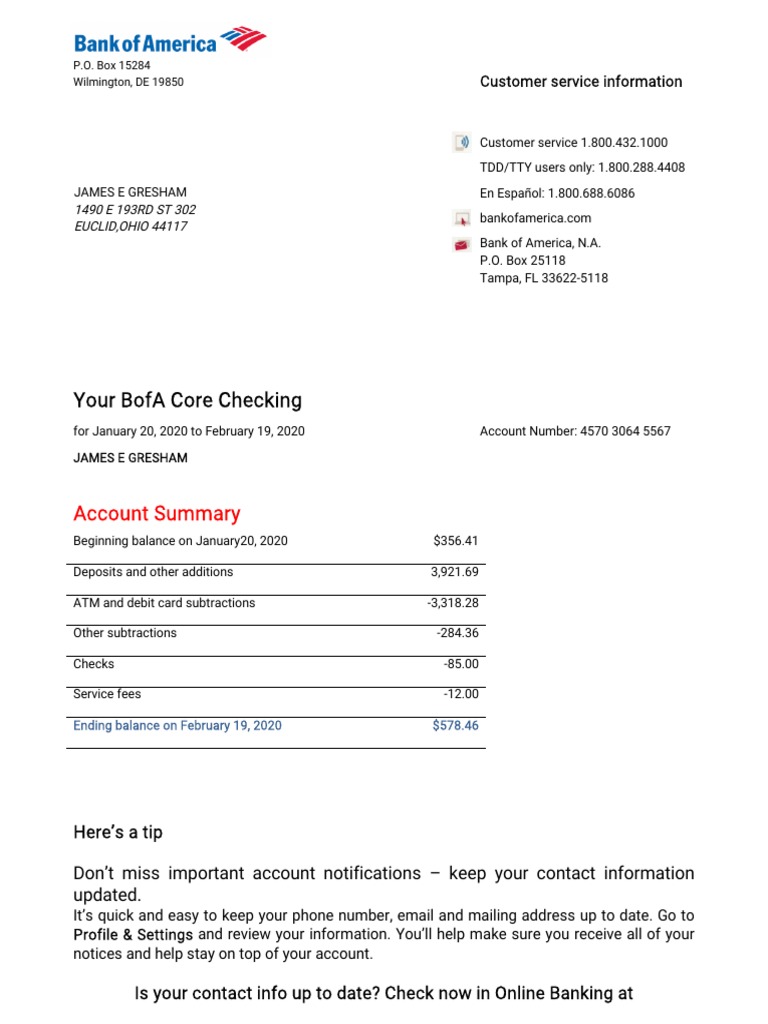 Bank of America Bank Statement | PDF