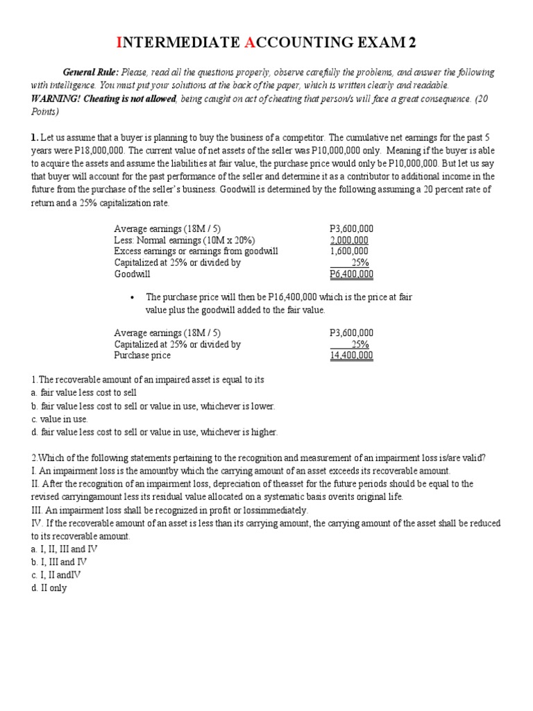 Intermediate Accounting Exam 2 | PDF | Goodwill (Accounting) | Fair Value