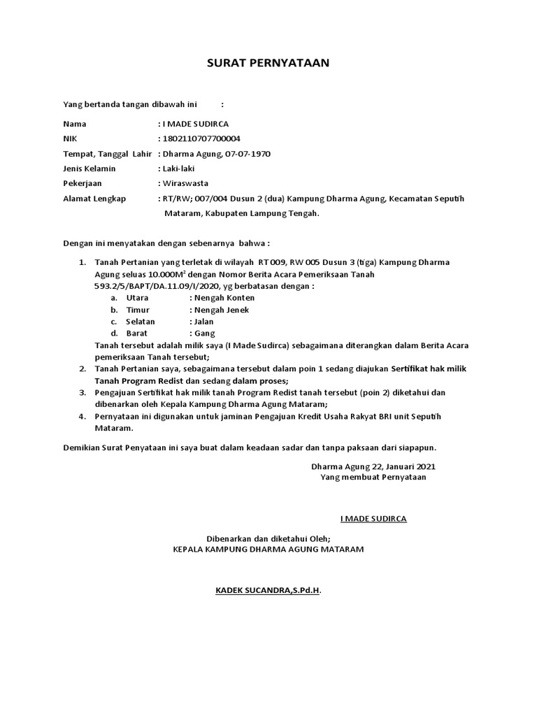 SURAT PERNYATAAN Pengajuan Sertifikat | PDF