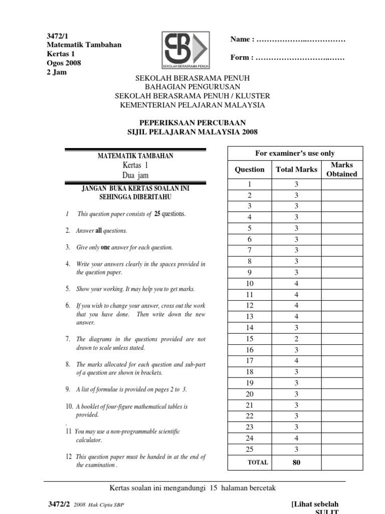 Add Math SPM Trial Paper 2008 | PDF | Function (Mathematics) | Geometry