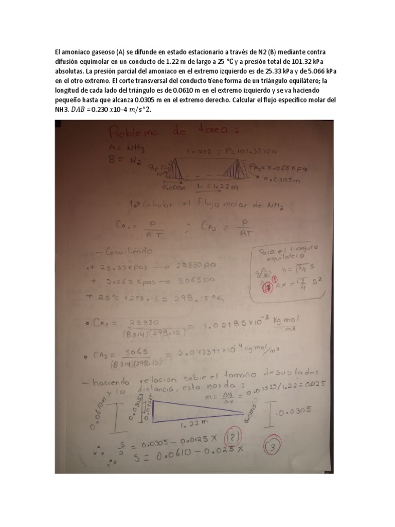 Difusión equimolar de amoniaco a través de nitrógeno en un conducto con ...