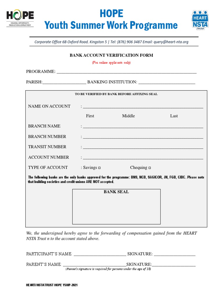 HOPE YSWP 2021 Bank Verification Form | PDF