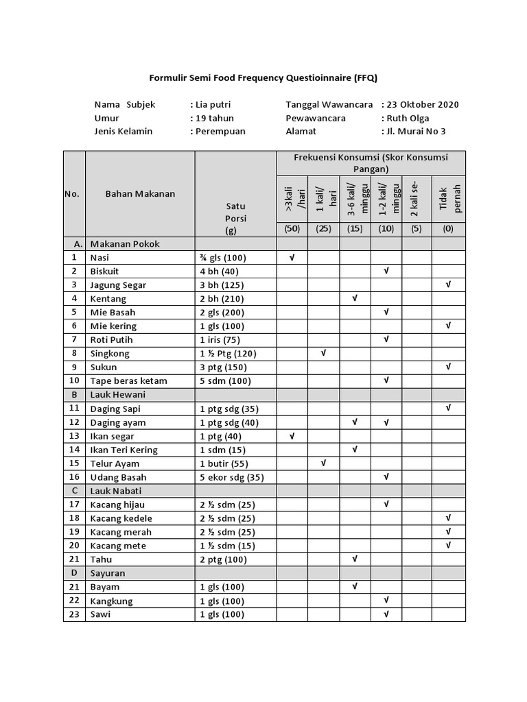 Formulir Kuesioner FFQ Semi | PDF