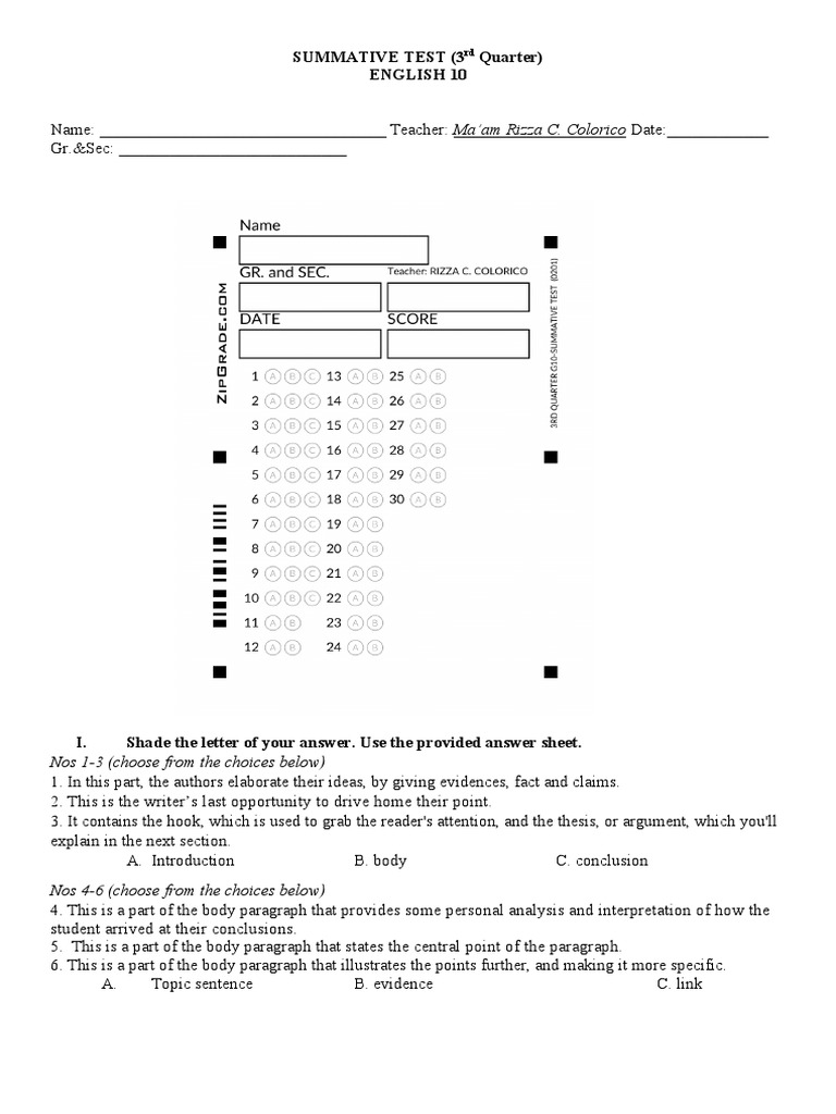 Grade 10 Summative Test Overview | PDF | Essays | Cognition