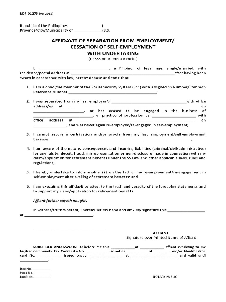 SSS Affidavit of Separation for Retirement | PDF | Affidavit | Common Law