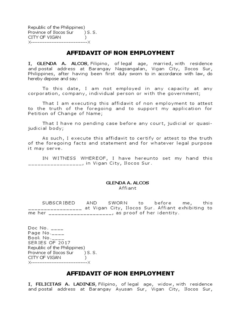 Affidavit of Non Employment | PDF | Affidavit | Evidence