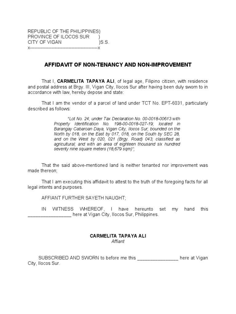 Affidavit of Non-Tenancy and Non-Improvement | PDF