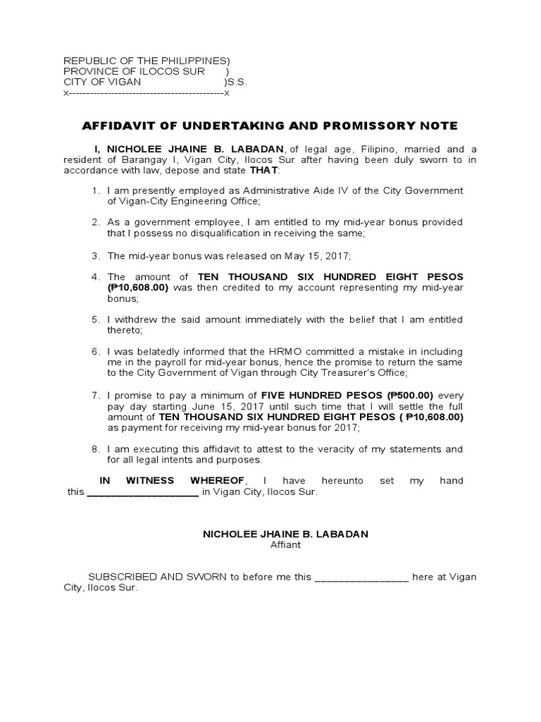 Affidavit of Undertaking and Promissory Note | PDF | Affidavit | Banking