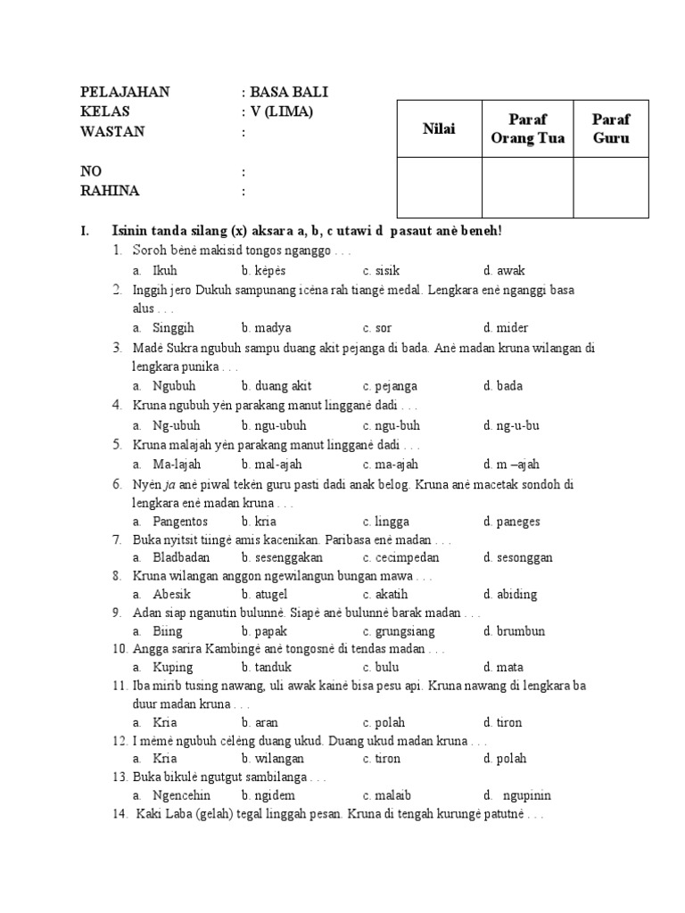 Soal Bahasa Bali Kelas 5 dan Kunci | PDF