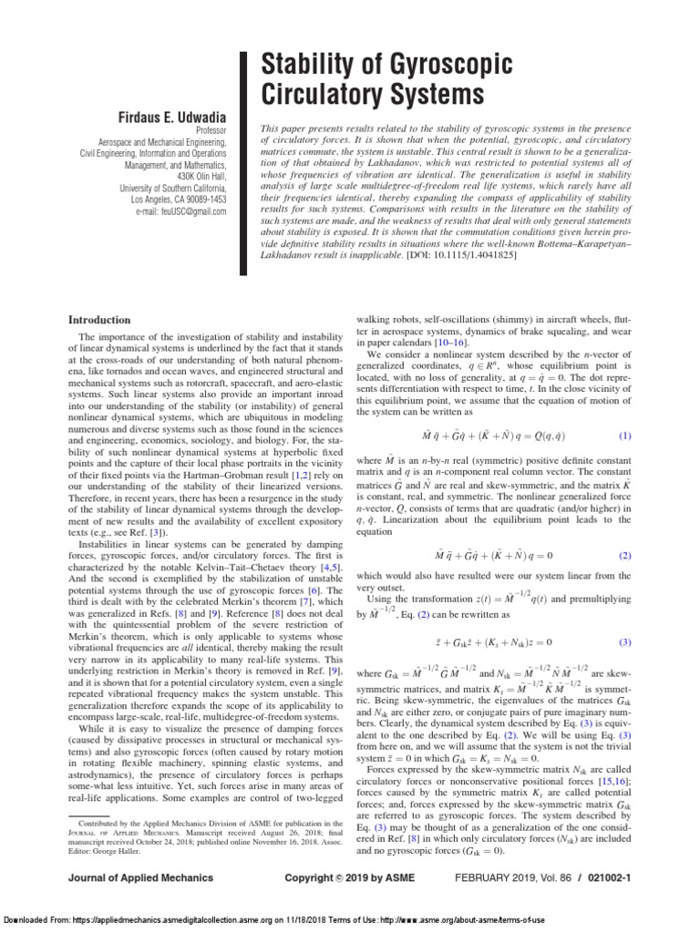 Stability of Gyroscopic Circulatory Systems | PDF | Matrix (Mathematics ...