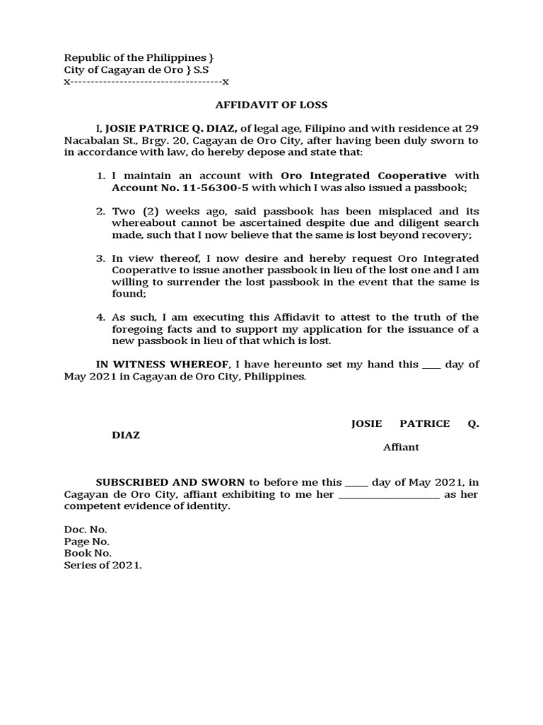 Affidavit of Lost Savings Passbook | PDF