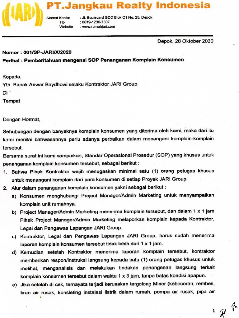 SOP Komplain Konsumen Masa Retensi 1 | PDF