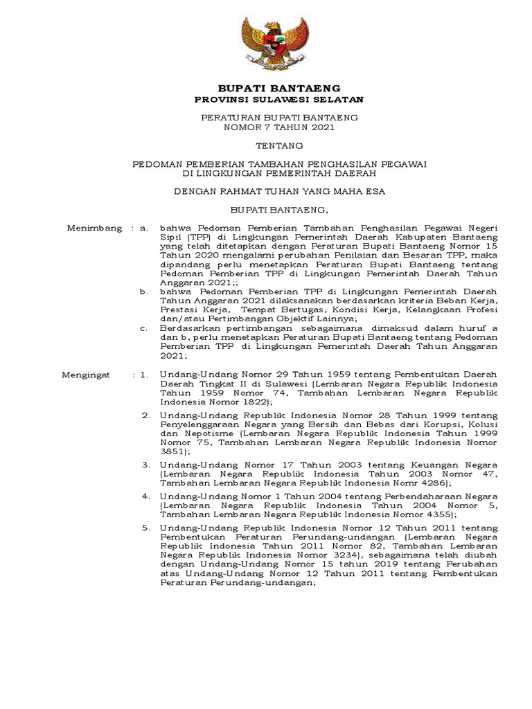 Perbup Nomor 7 Tahun 2021 Tentang TPP TTD Bupati | PDF