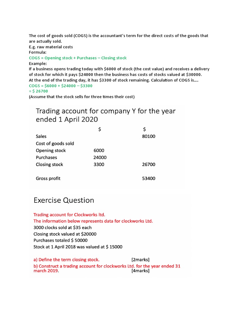 COGS Opening Stock + Purchases - Closing Stock | PDF | Business ...