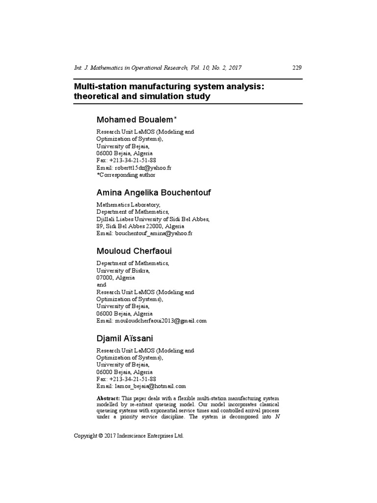 Multi-Station Manufacturing System Analysis: Theoretical and Simulation ...