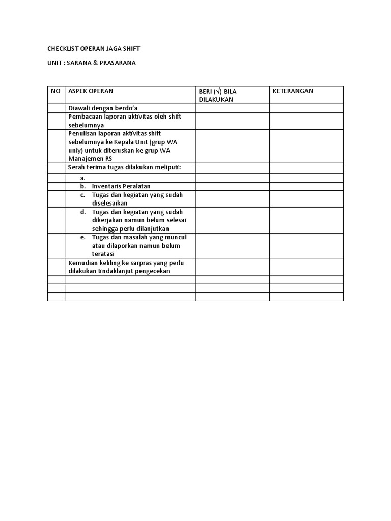 Checklist Operan Jaga Shift | PDF