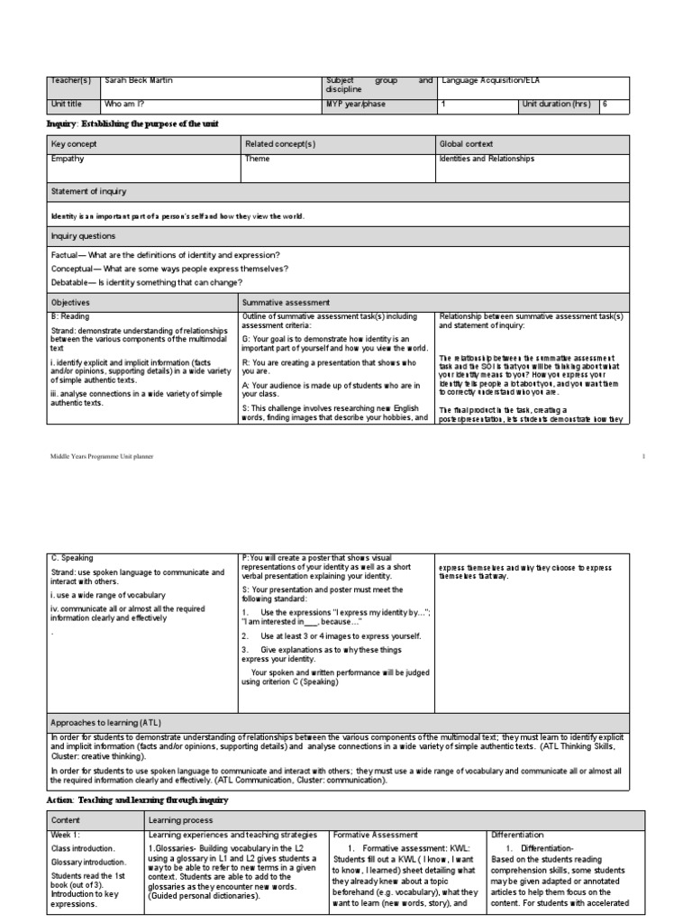 Myp Unit Plan 1 | PDF | Reading Comprehension | Identity (Social Science)
