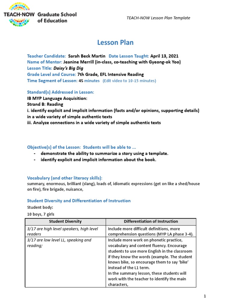 Lesson Plan: Daisy's Big Dig | PDF | Lesson Plan | Reading Comprehension