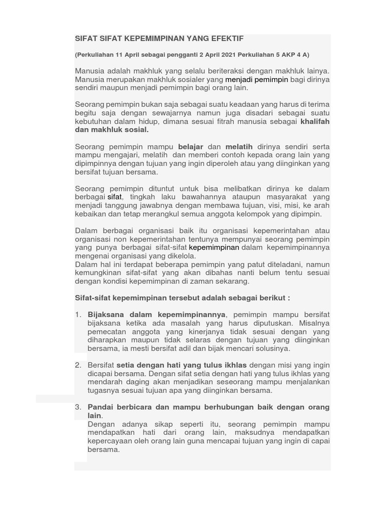 Sifat Sifat Kepemimpinan Efektif | PDF Sifat Sifat Kepemimpinan Efektif | PDF
