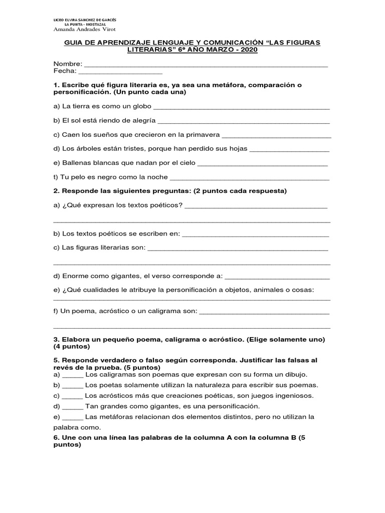 Guía de Aprendizaje Lengua y Literatura 6º Año | PDF | Metáfora | Escritura