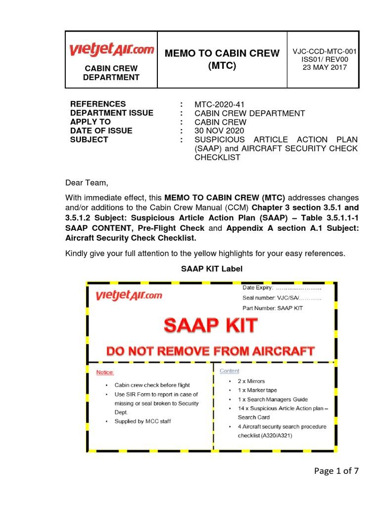 Updated Suspicious Article Action Plan and Aircraft Security Check ...