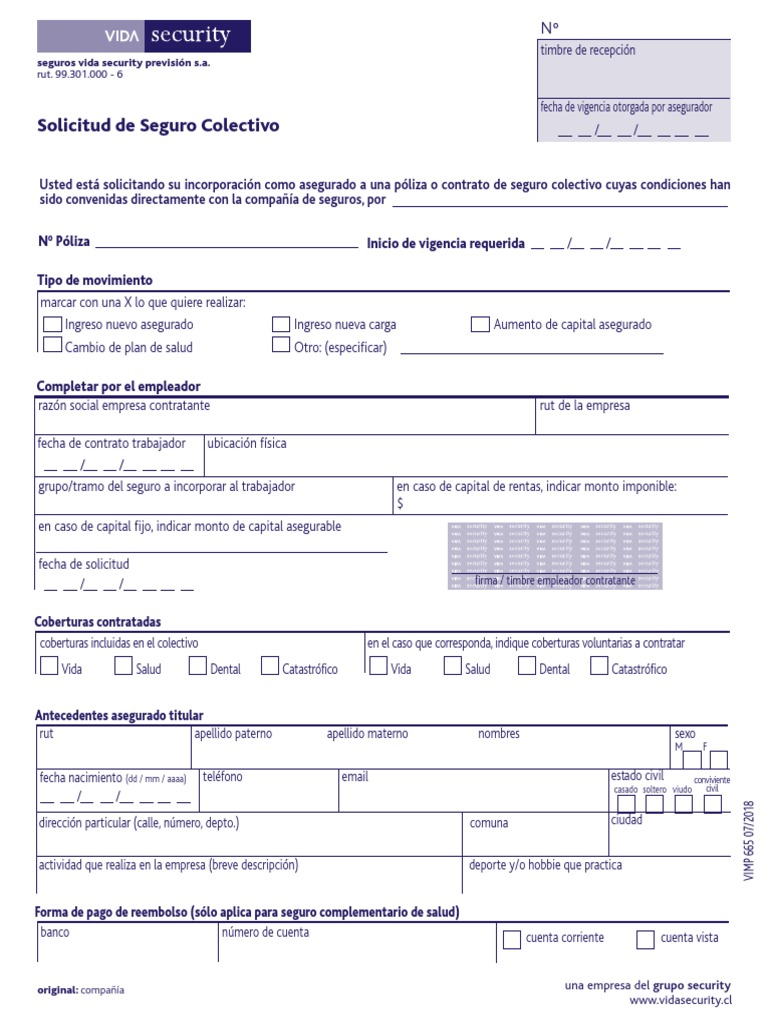 Formulario Solicitud Seguro Colectivo 1-18 | PDF | Póliza de seguros ...